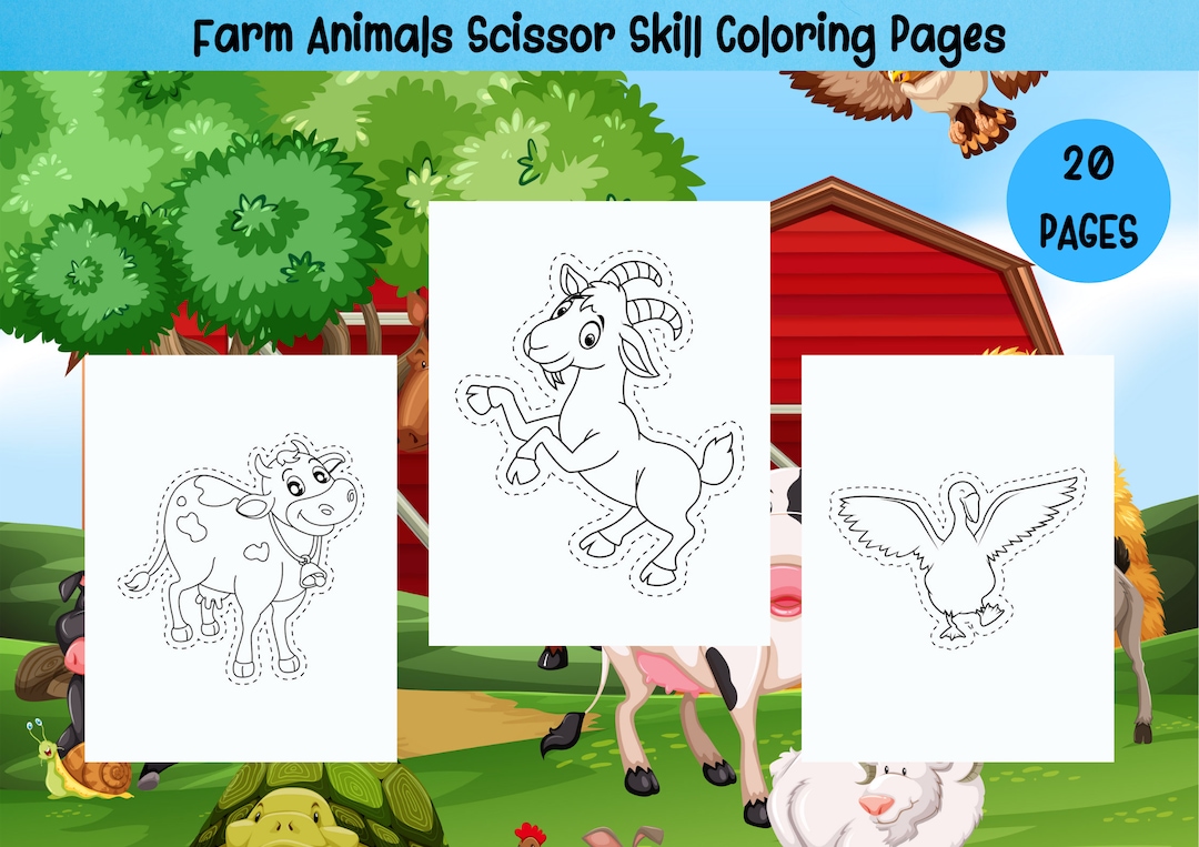 Farm Animals Scissor Skill Coloring Pages: Cutting Practice Book (20 ...