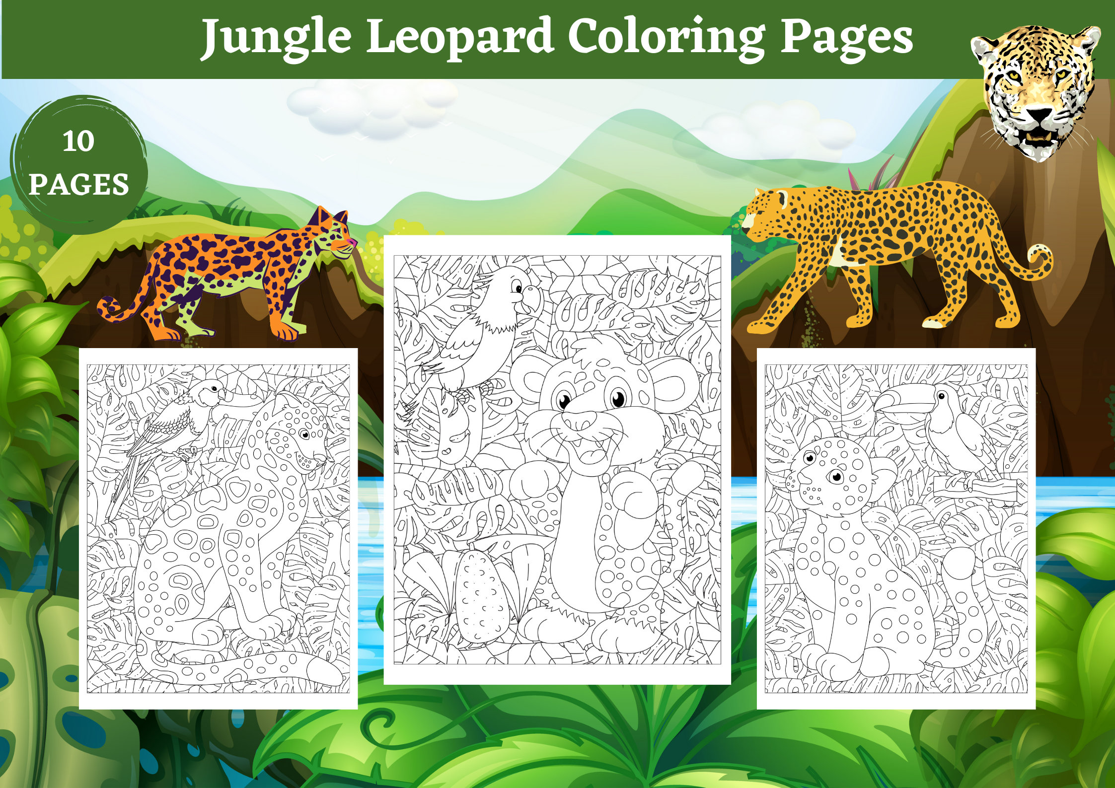 Leopard Coloring Pages 10 Printable Pages Jungle Leopard Digital ...