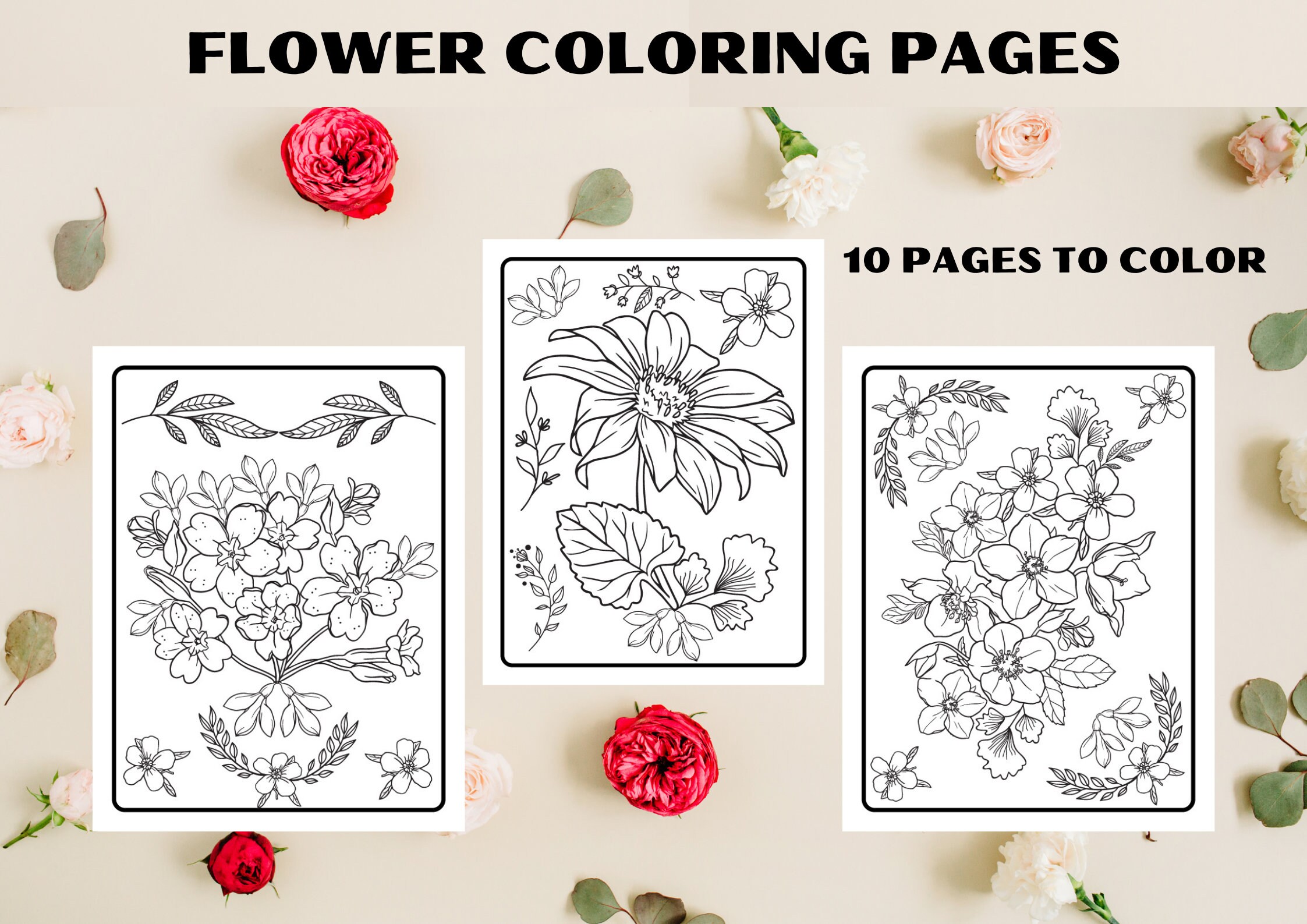Flower Coloring Pages: 10 Simple Floral Designs (PDF) - Etsy