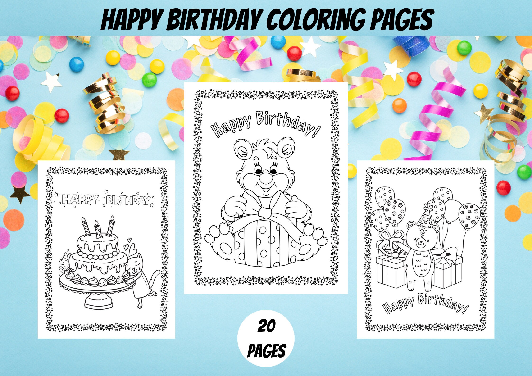 Happy Birthday Coloring Pages for Kids, 20 Printable Pages, Anniversary ...
