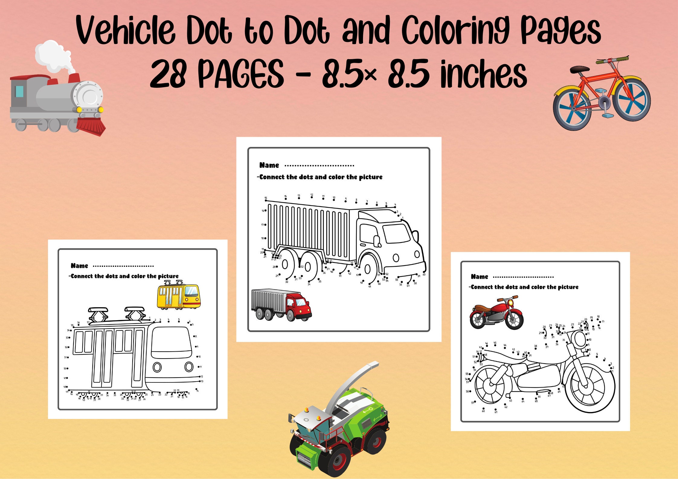 Vehicle Dot to Dot and Coloring Pages for Kids - Dot to Dots Activity ...