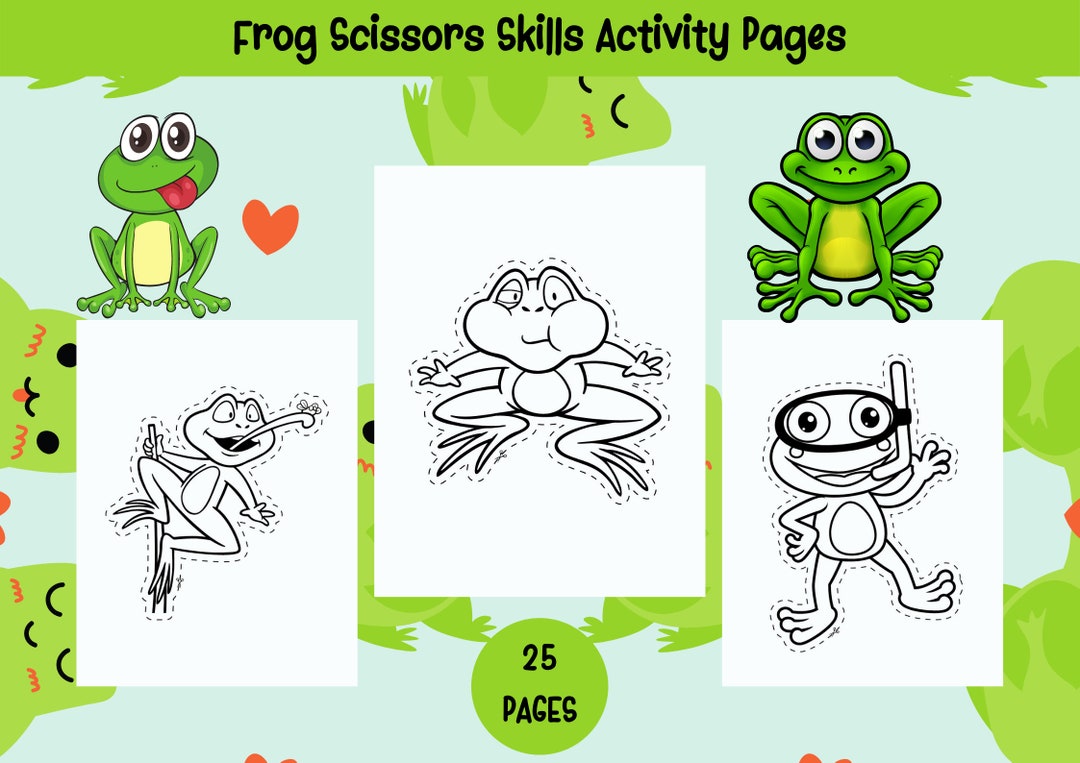 Frog Scissors Skills Coloring Pages - 25 Printable Pages - Cute Frogs ...