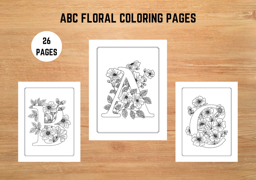 ABC Floral Coloring Pages, Alphabet Coloring Book for Adults, A-Z Large ...