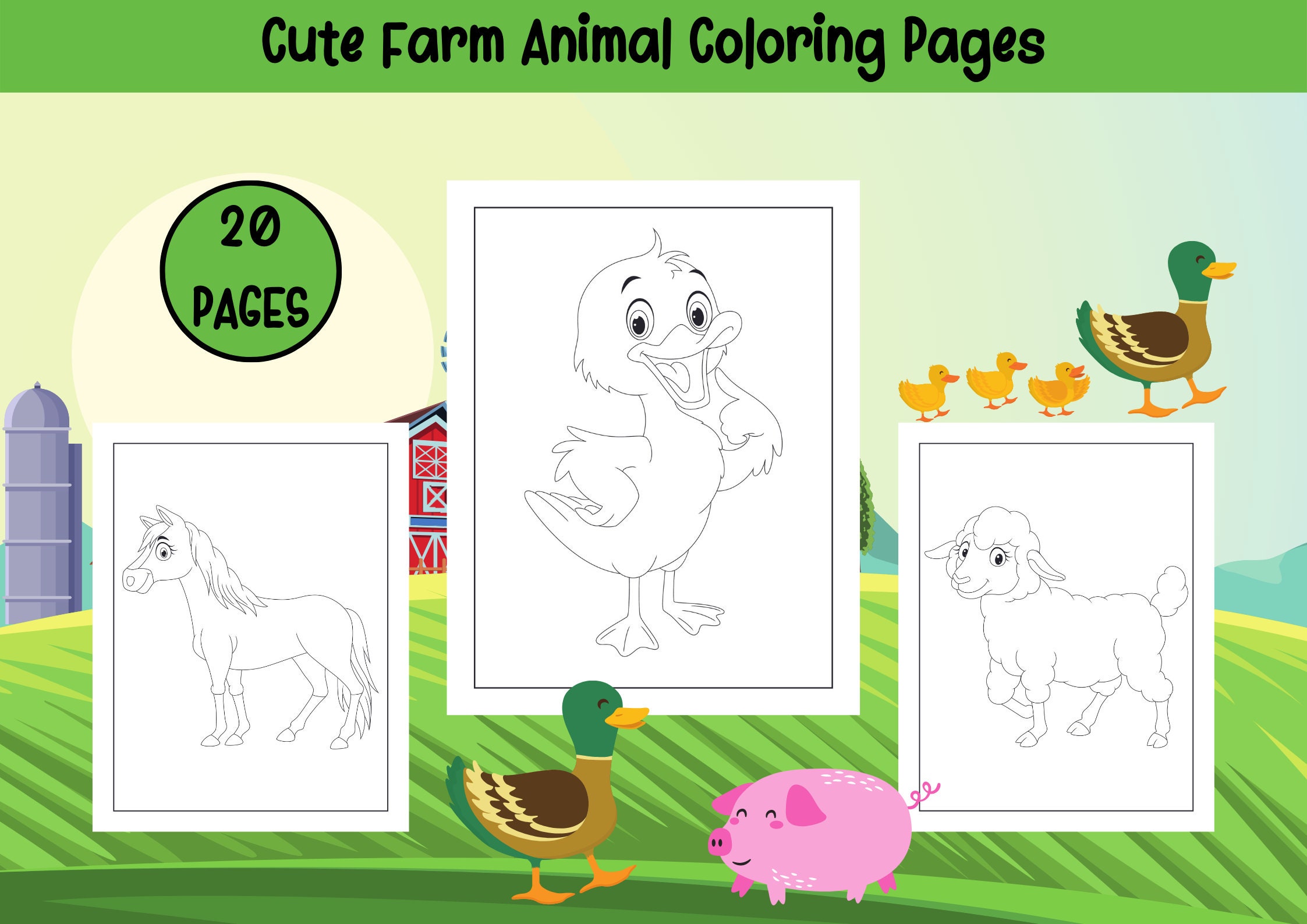 20 Cute Farm Animal Printable Coloring Pages Sheep, Cow, Horse, Rabbit ...