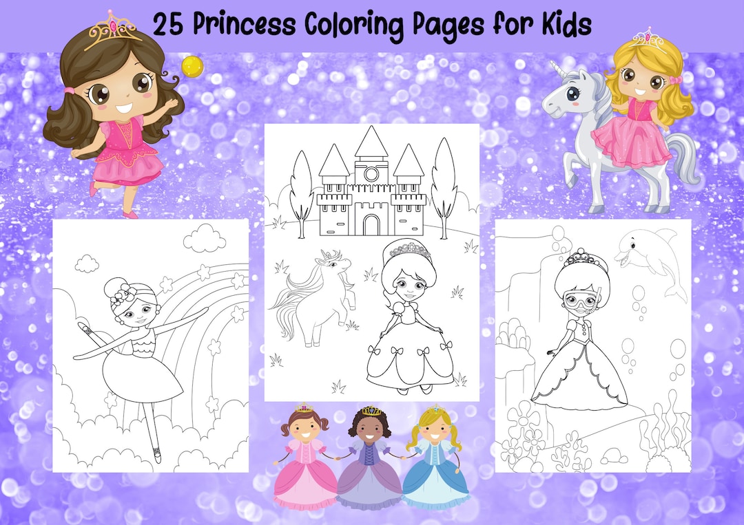 Cute Princess Coloring Pages for Kids - 25 Page Printable Book (instant ...