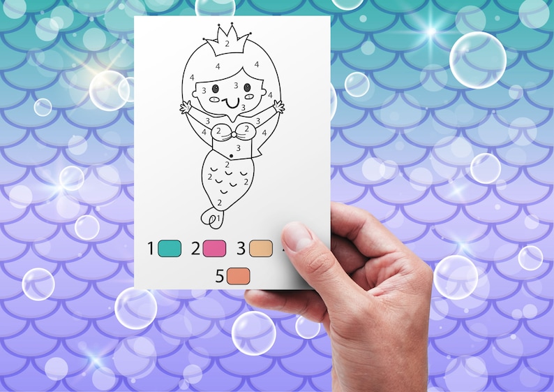 Mermaid Color by Number, 10 Printable Coloring Pages, Cute Mermaids ...