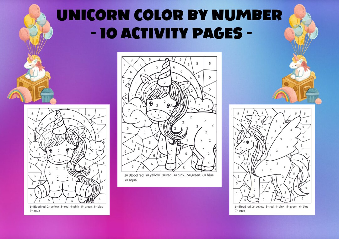 Unicorn Color by Number Pages: Kids Printable Activity (PDF) - Etsy
