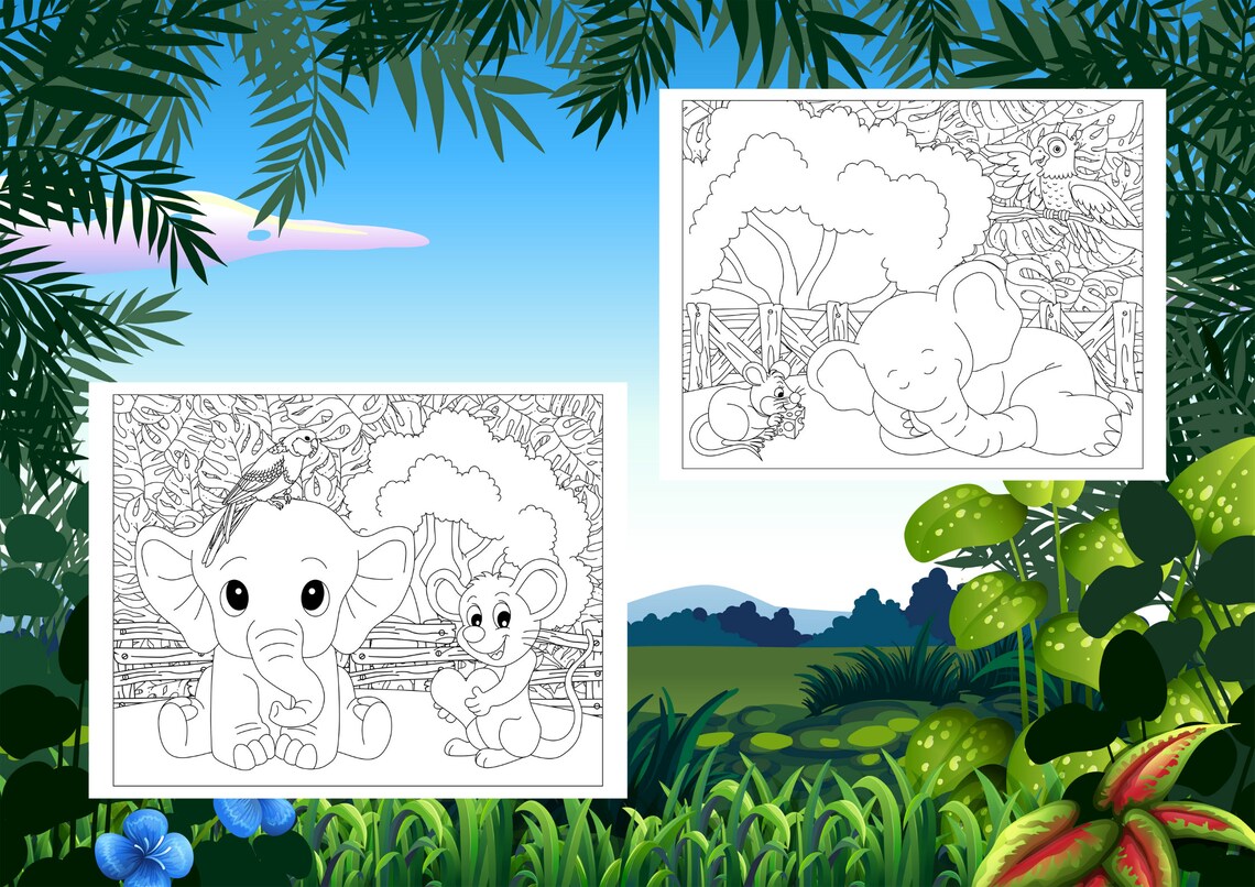 Jungle Elephant Coloring Pages for Kids: 10 Printable Designs (instant ...