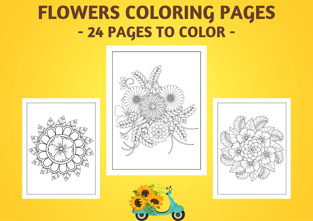 Stress Relief Flowers Coloring Pages for Adults, Teens, Kids, 24 ...