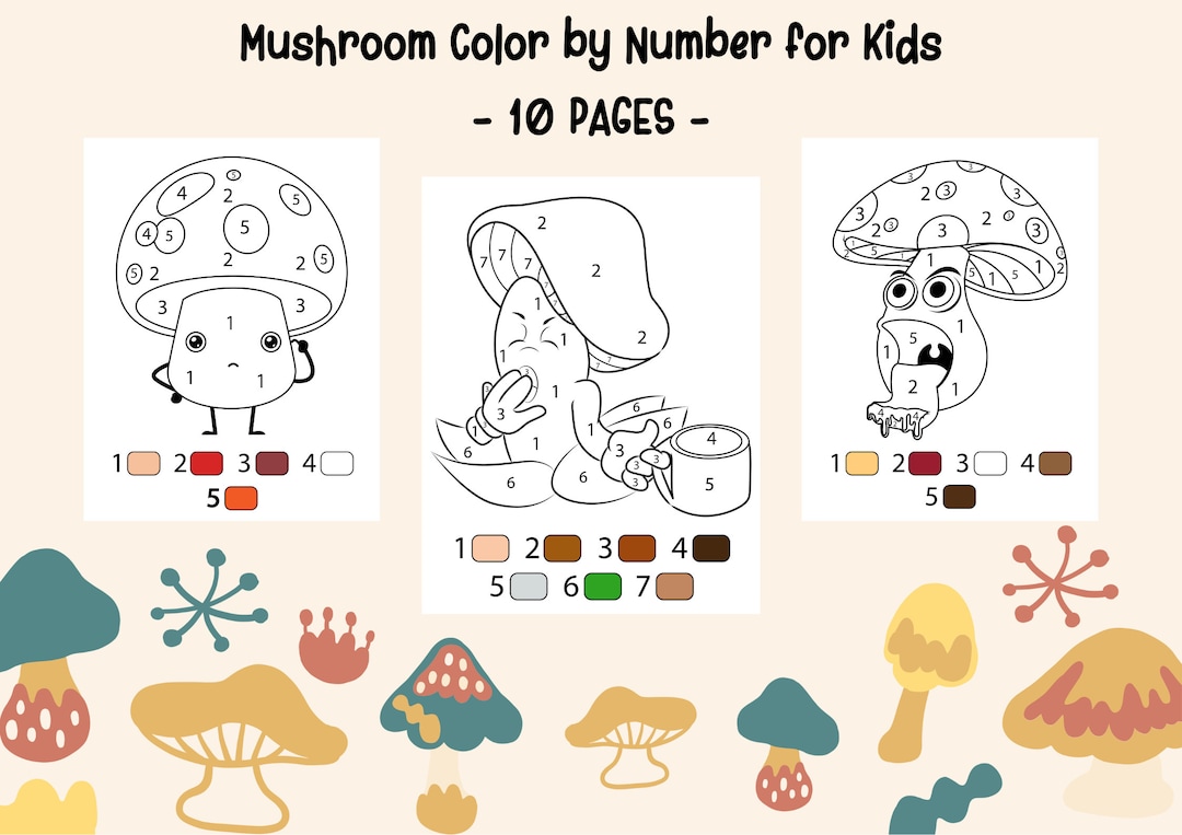Mushroom Color by Number for Kids, 10 Printable Pages, Cute Coloring ...