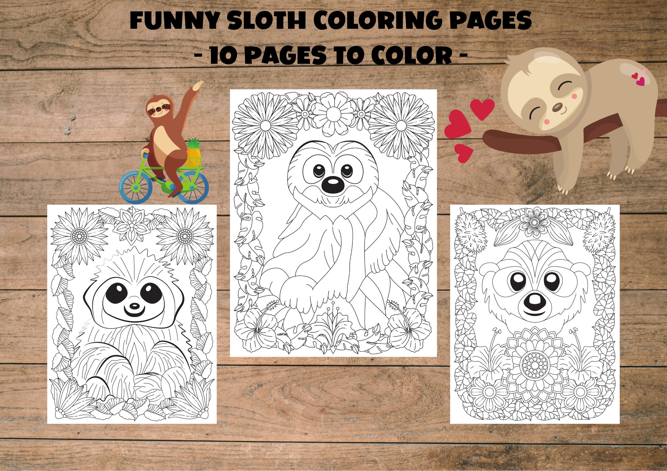 Sloth Coloring Pages 10 Printable Pages Cute Sloth Coloring Book for ...