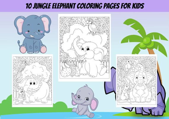 Jungle Elephant Coloring Pages for Kids 10 Printable Pages | Etsy
