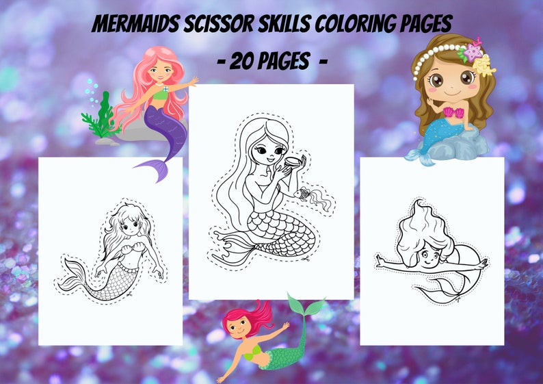 Mermaid Scissor Skills Coloring Pages - 20 Printable Pages - Happy ...