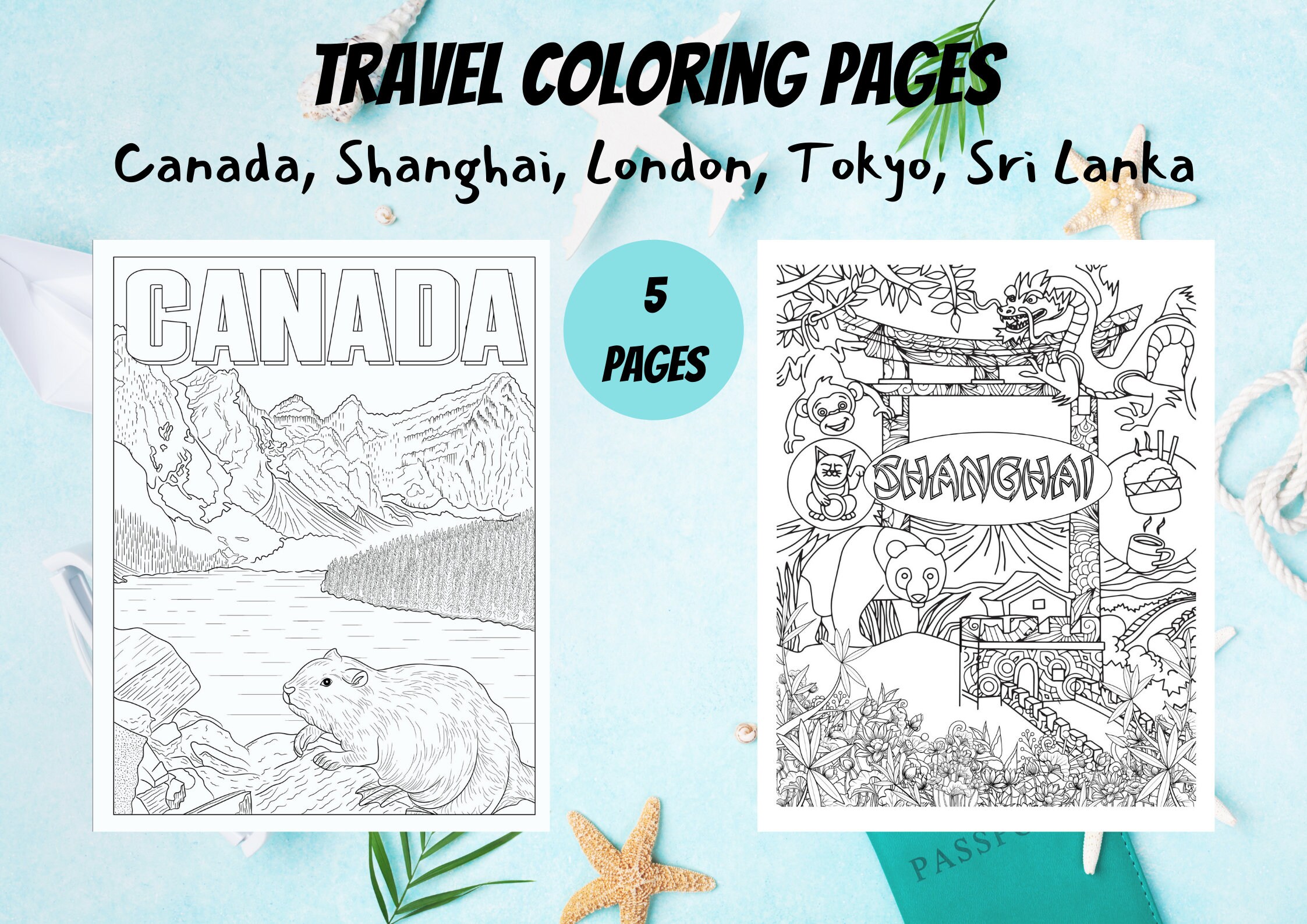 Travel Coloring Pages: Canada, London, Shanghai, Tokyo (digital ...