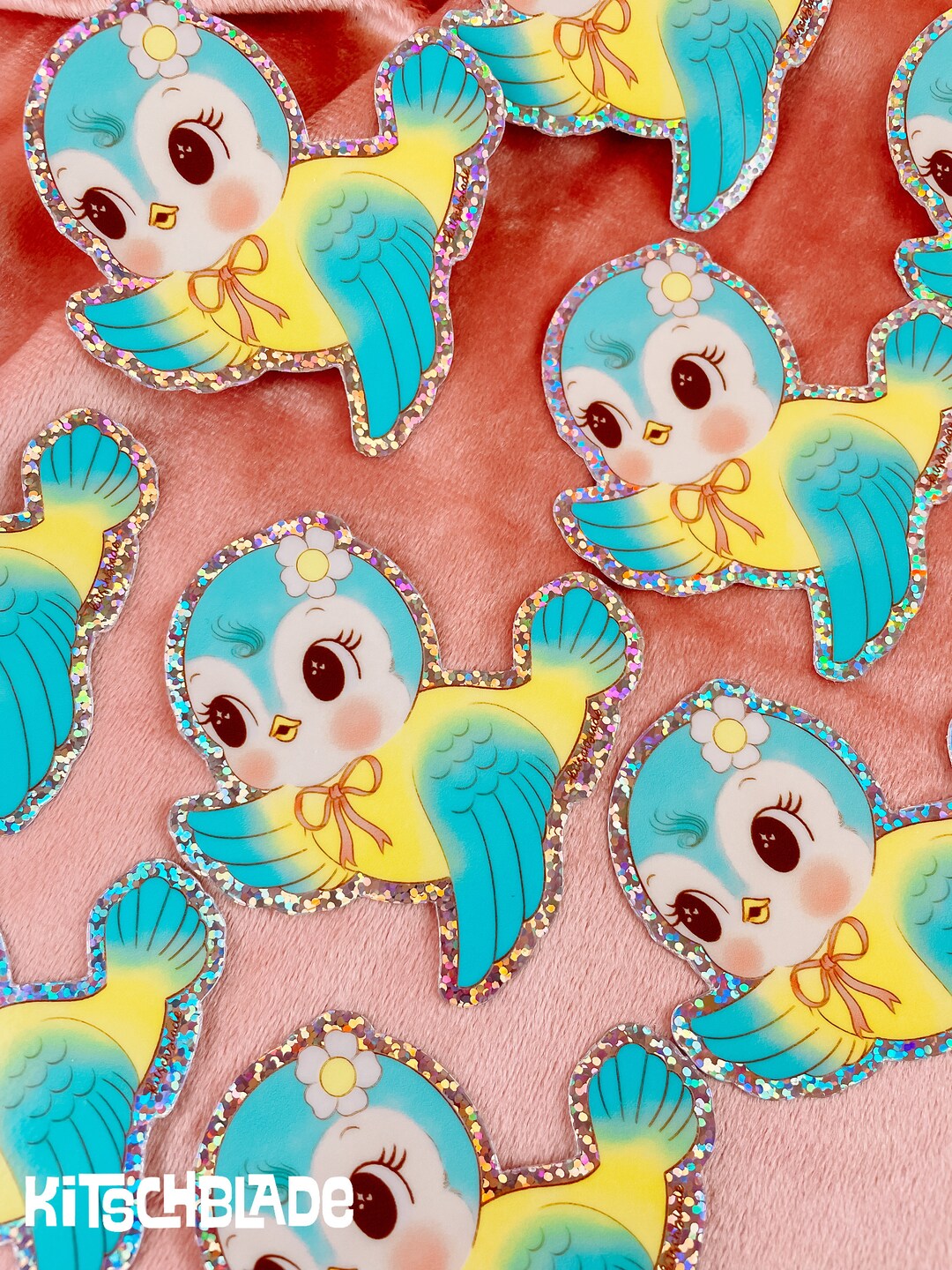 Kitschy Bluebird Glitter Sticker Illustrated Vinyl Sticker Vintage ...