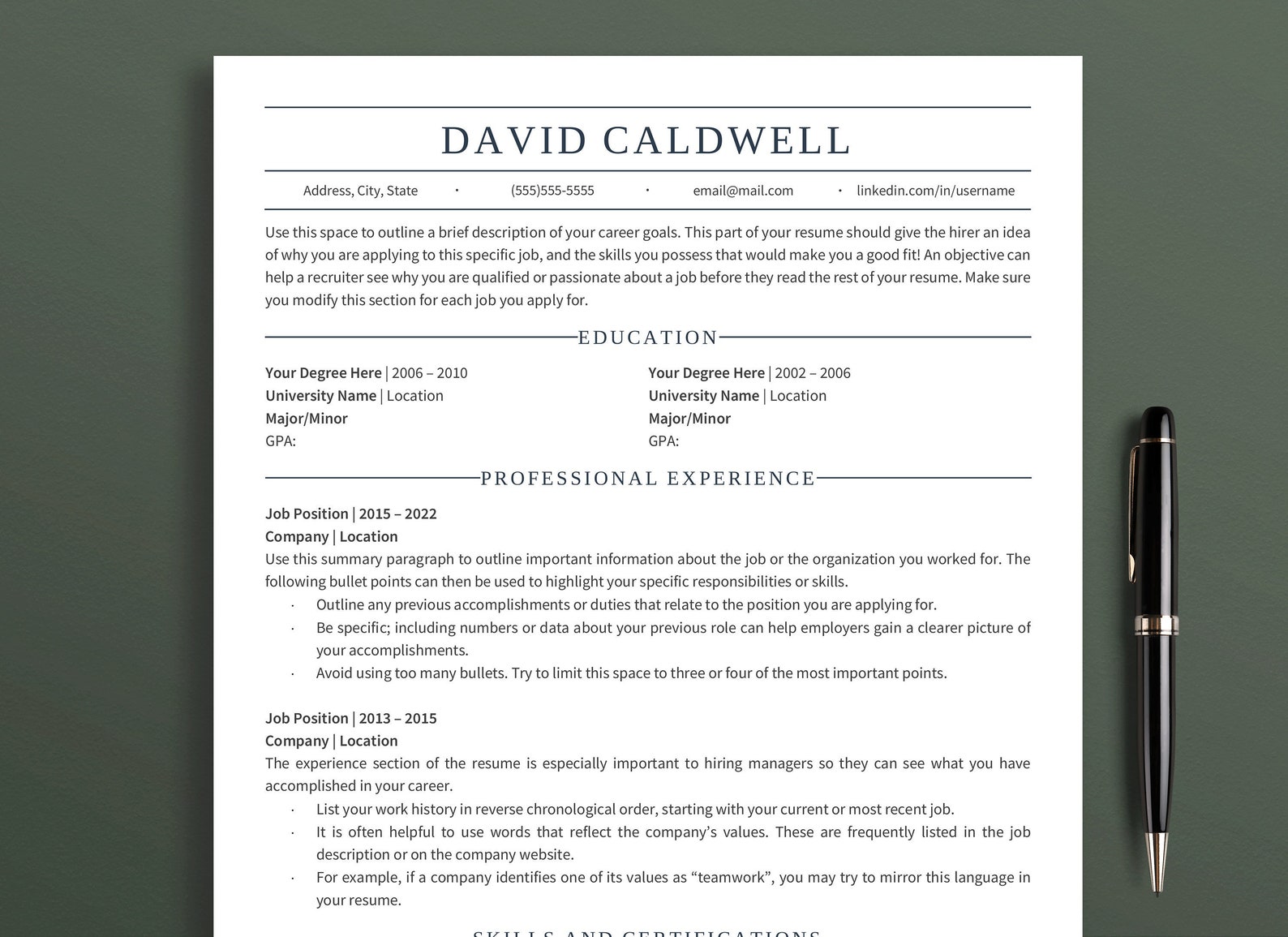Resume Template Professional CV 2 Page Resume Template for Microsoft ...