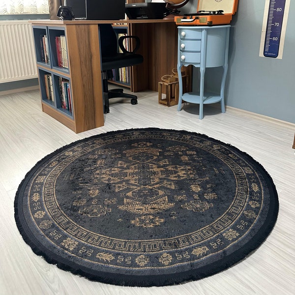 Black and Gold Round Rug - Etsy