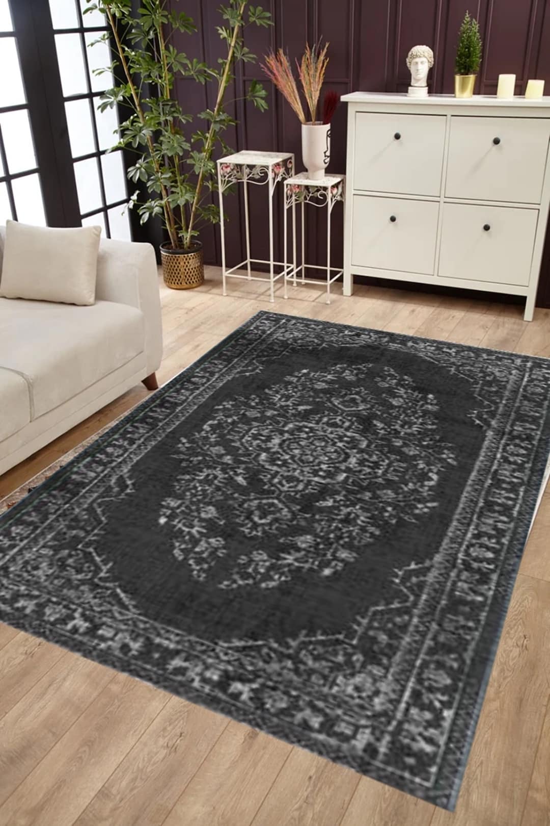 Stylish Black Area Carpet, Mid-century Modern Black Rug, Black ...