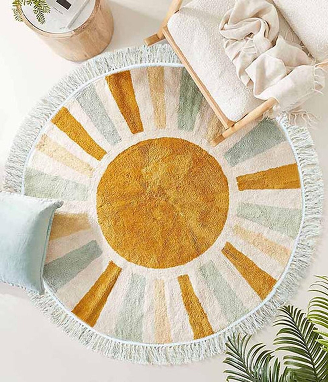 Round Boho Rug – Sunburst Circular Carpet With Fringe – Soft Tufted ...