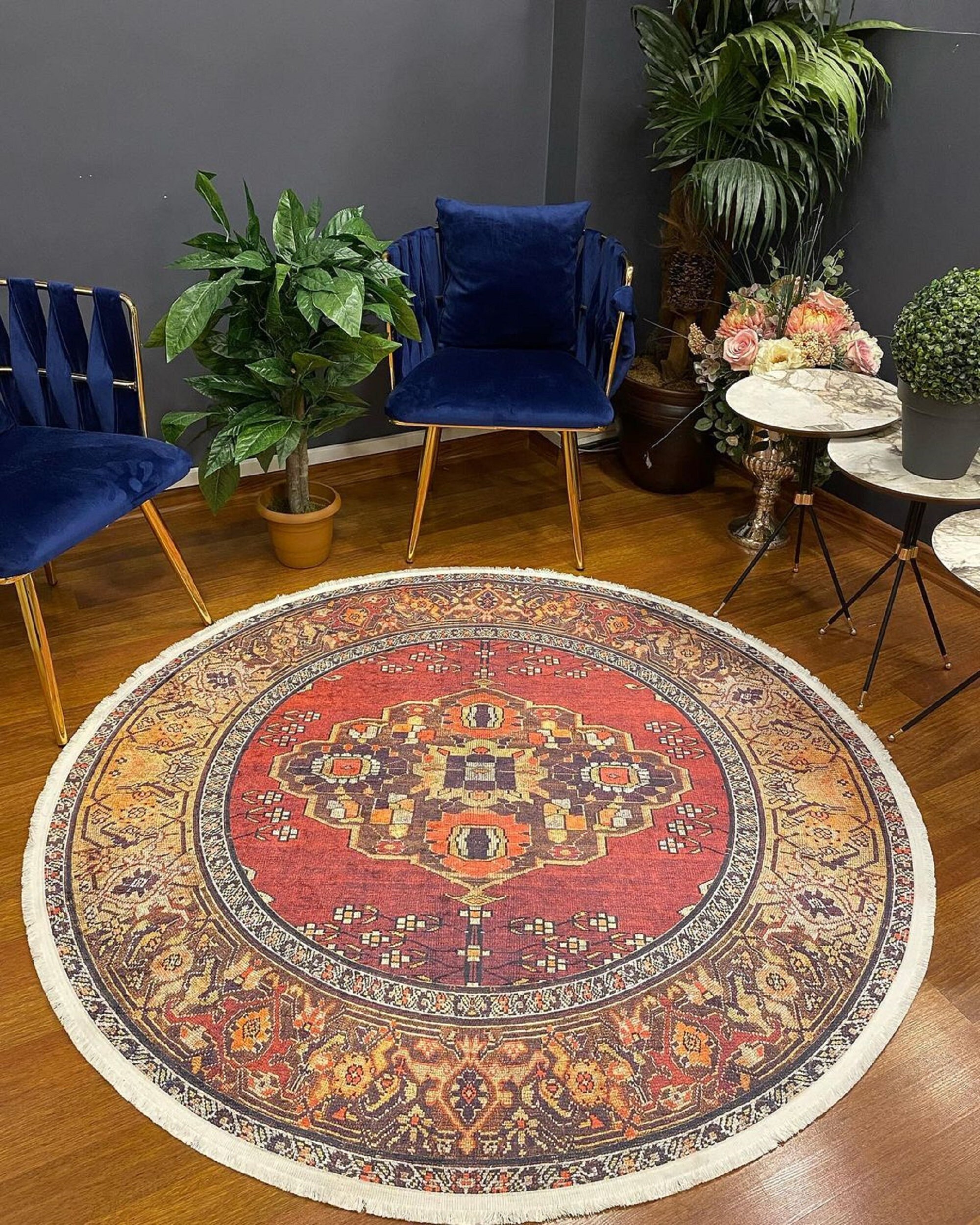 Vintage Turkish Style Round Rug: Ethnic Cotton Area Rug - Etsy