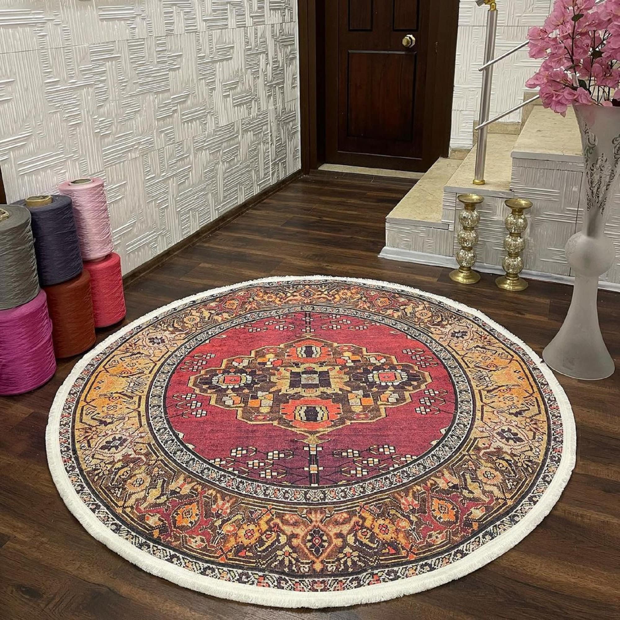 Vintage Turkish Style Round Rug: Ethnic Cotton Area Rug - Etsy