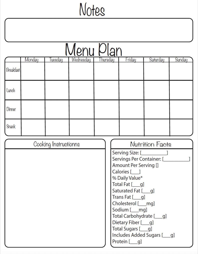 Menu Plan. Editable Nutrition Facts and Cooking Instructions. - Etsy