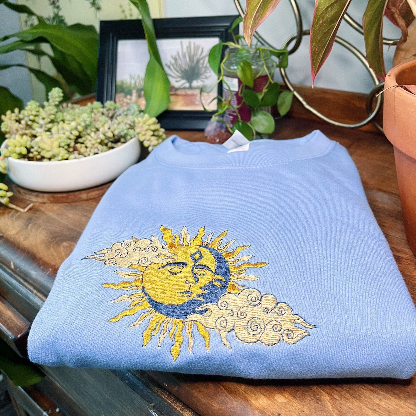 Light Blue Sun & Moon Crewneck Unisex Embroidered Boho - Etsy