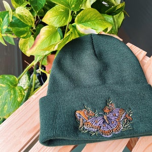 Mushroom Moth Embroidered Beanie - Handmade Embroidered Toboggan - Boho ...