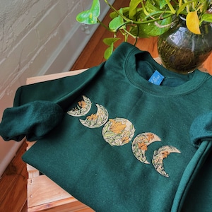 Forest Floral Moon Phase Crewneck - Unisex Embroidered Fleece Pullover ...