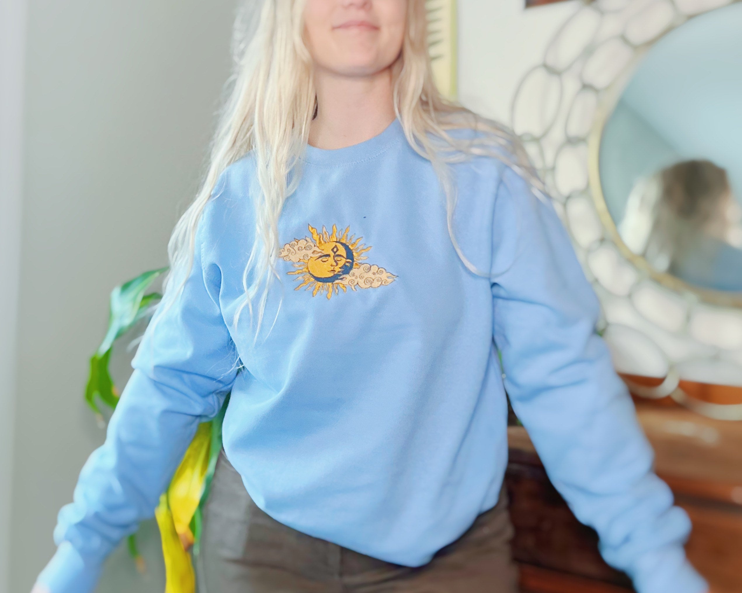 Light Blue Sun & Moon Crewneck Unisex Embroidered Boho - Etsy