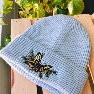 Light Blue Rib Knit Embroidered Beanie - Winter Hat - Mushroom - Floral ...