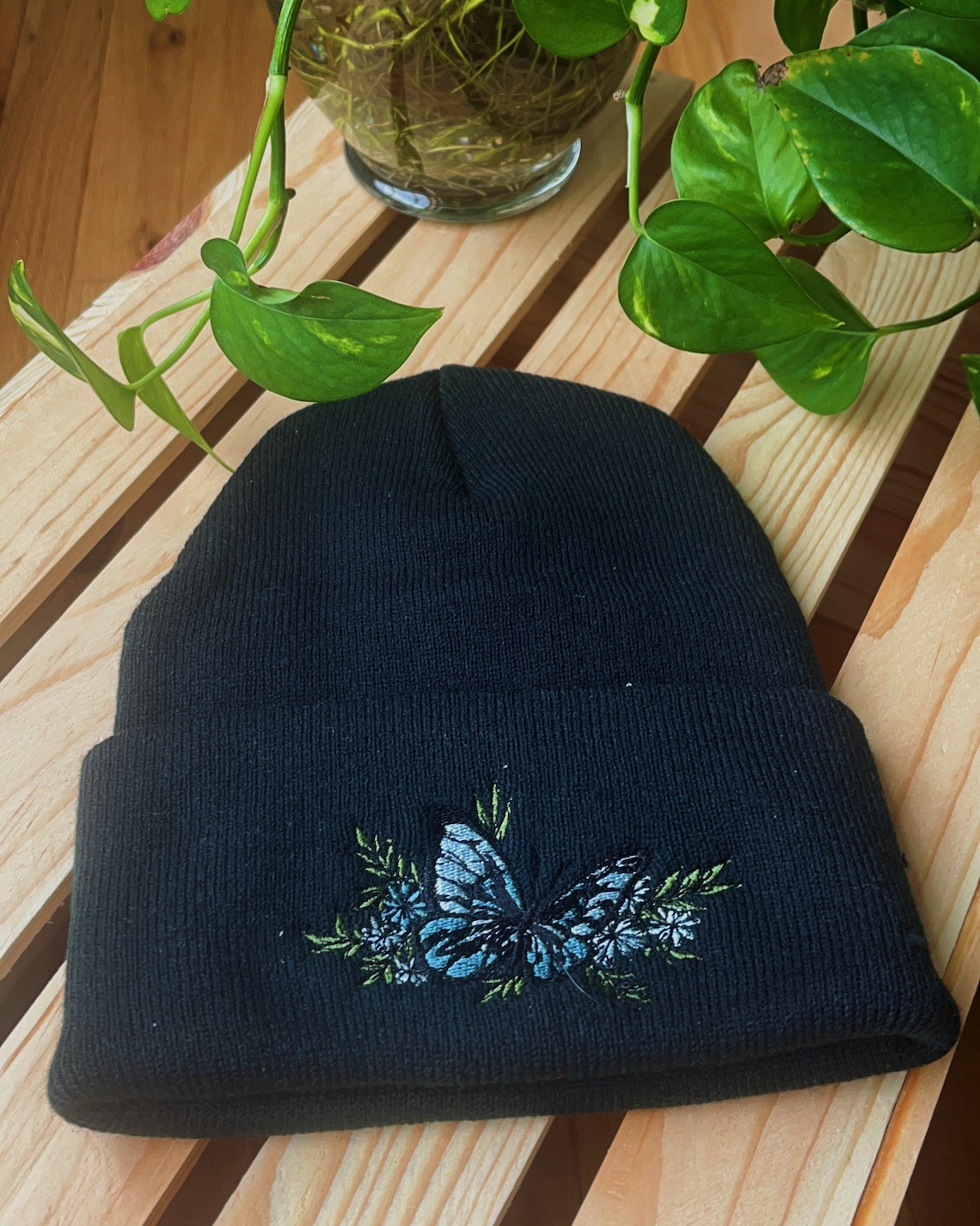 Blue Butterfly Beanie Handmade Embroidered Toboggan Boho - Etsy