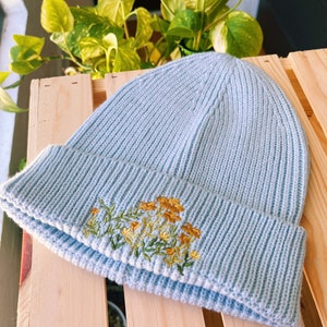 Light Blue Rib Knit Embroidered Beanie - Winter Hat - Mushroom - Floral ...