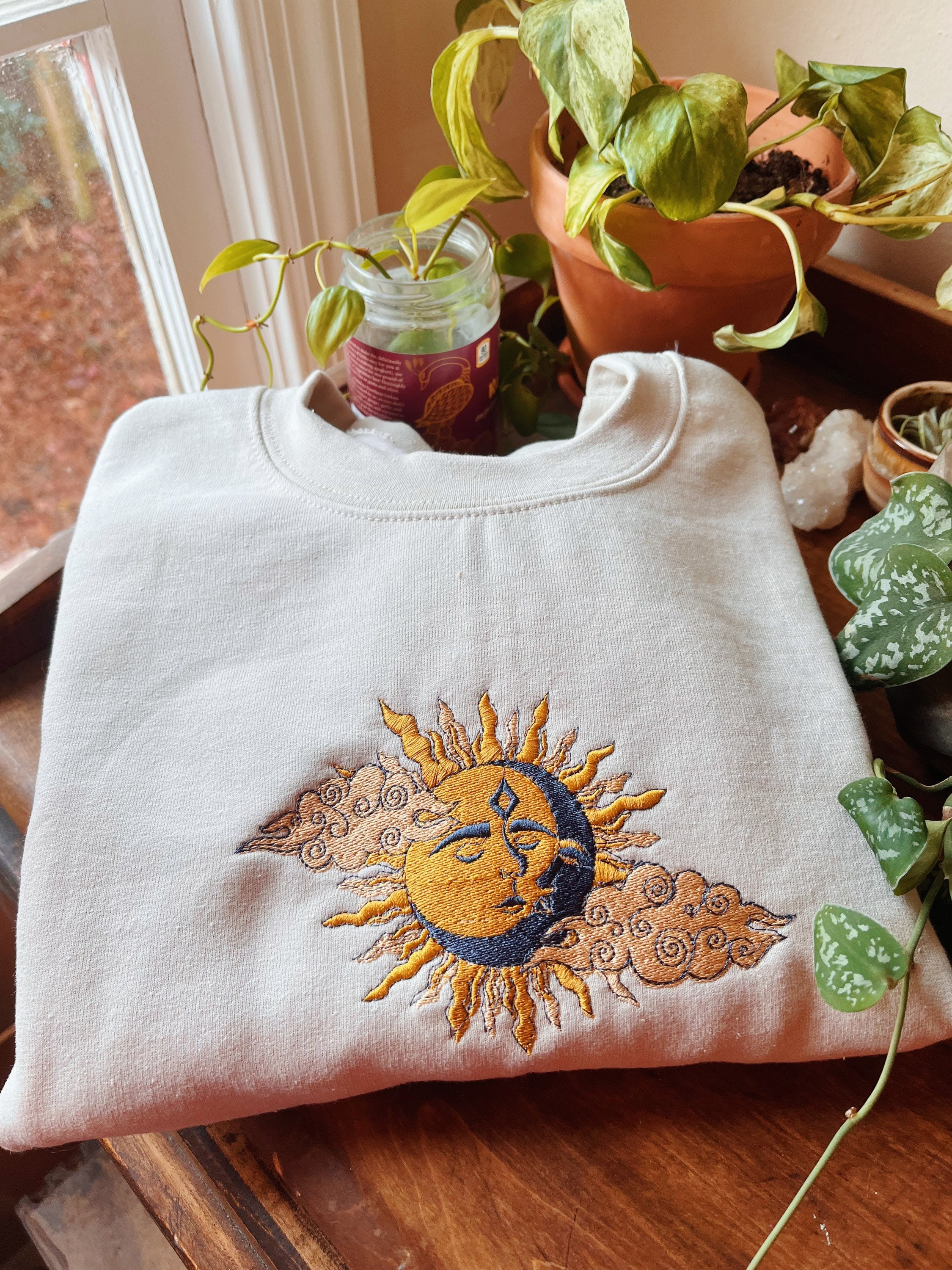 Tan Sun & Moon Embroidered Crewneck Unisex Embroidered | Etsy