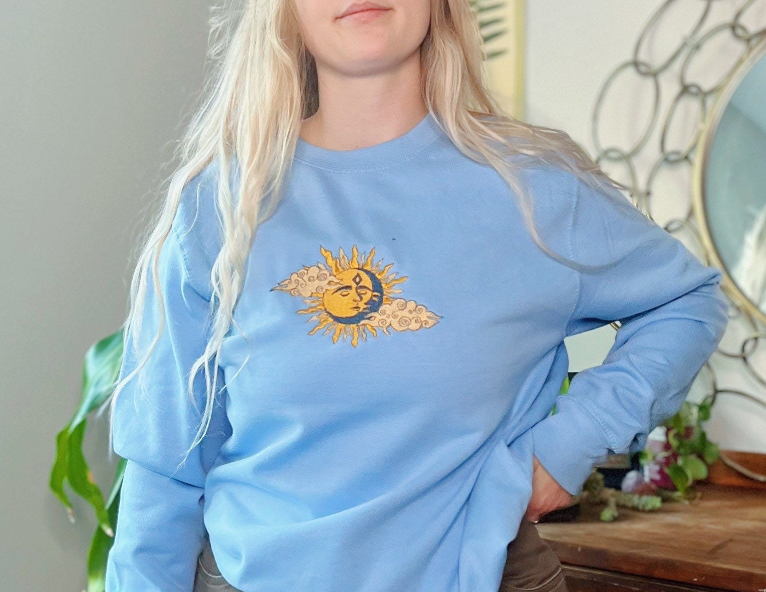 Light Blue Sun & Moon Crewneck Unisex Embroidered Boho - Etsy