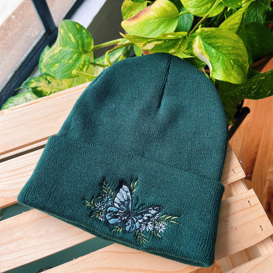 Blue Butterfly Beanie Handmade Embroidered Toboggan Boho - Etsy