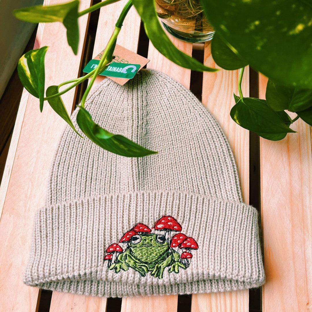 Embroidered Tan Rib Knit Beanie – Mushroom Frog, Cottagecore Winter Hat ...