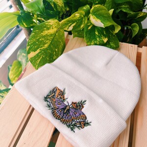 Mushroom Moth Embroidered Beanie - Handmade Embroidered Toboggan - Boho ...