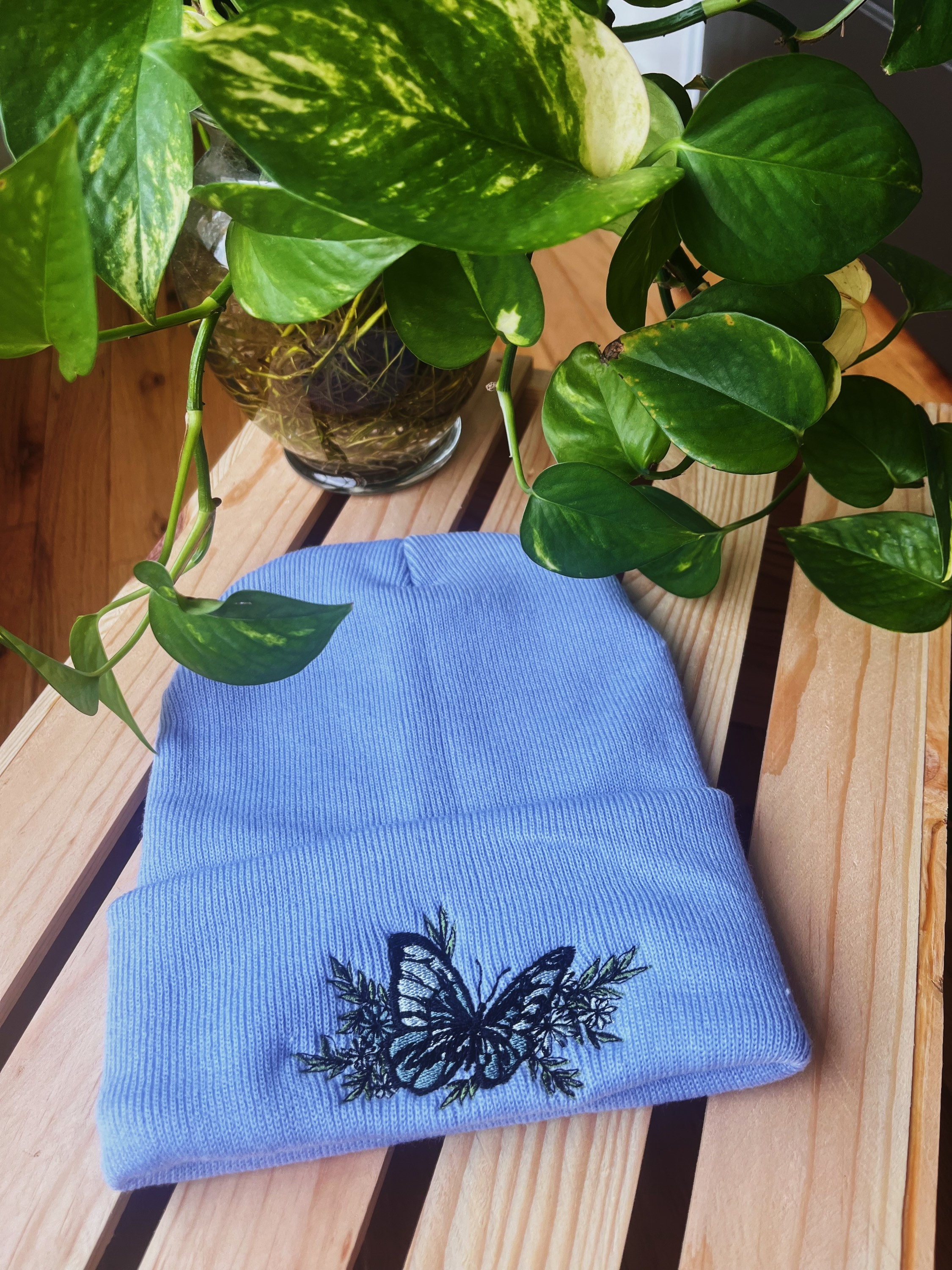 Blue Butterfly Beanie - Handmade Embroidered Toboggan - Boho Indie ...