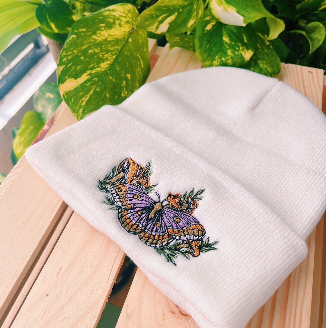 Mushroom Moth Embroidered Beanie - Handmade Embroidered Toboggan - Boho ...