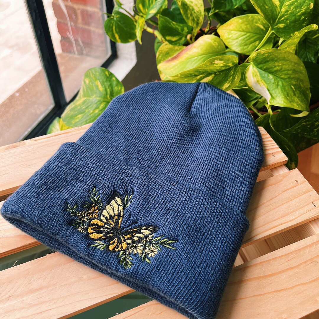 Monarch Embroidered Beanie - Yellow Butterfly Handmade Embroidered ...