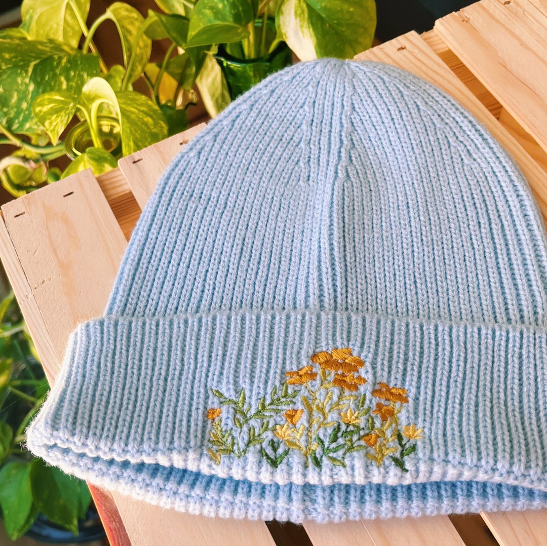 Light Blue Rib Knit Embroidered Beanie - Winter Hat - Mushroom - Floral ...
