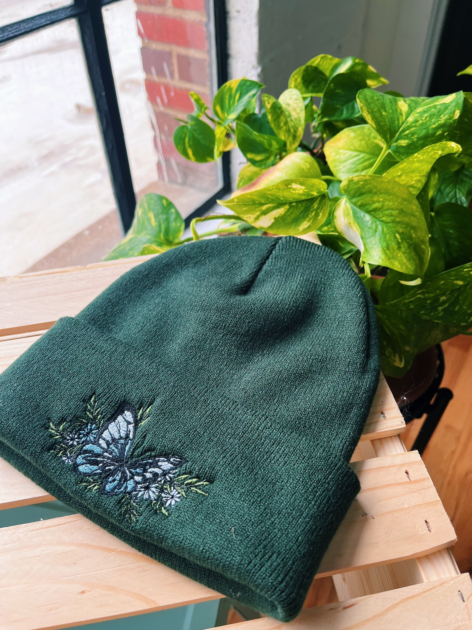 Blue Butterfly Beanie - Handmade Embroidered Toboggan - Boho Indie ...