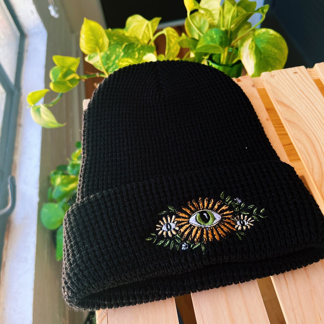 Black Waffle Knit Embroidered Beanie - Winter Hat - Mushroom - Frog ...