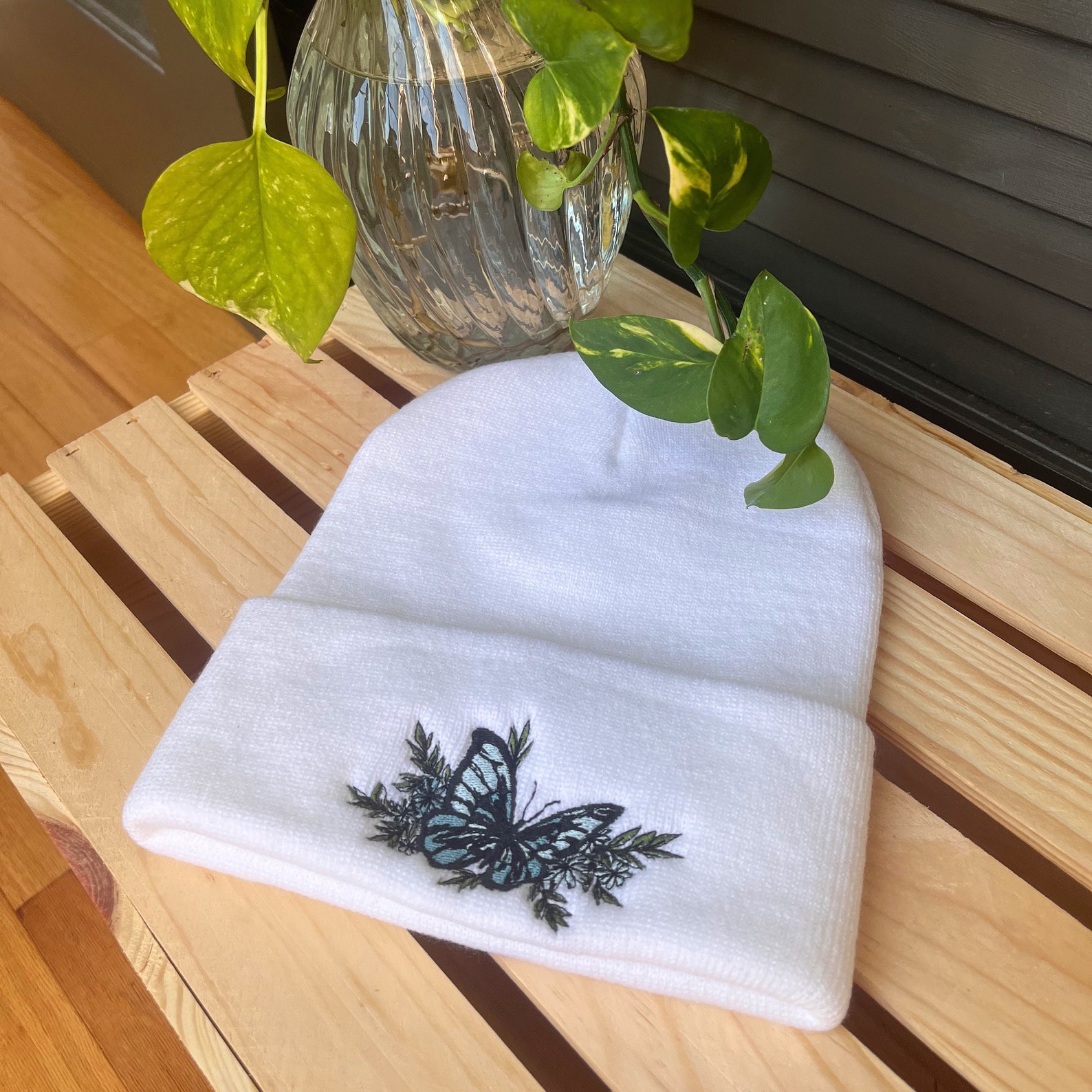 Blue Butterfly Beanie - Handmade Embroidered Toboggan - Boho Indie ...