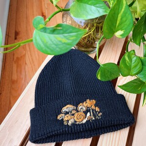 Black Rib Knit Embroidered Beanie - Winter Hat - Mushroom - Floral ...