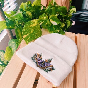 Mushroom Moth Embroidered Beanie - Handmade Embroidered Toboggan - Boho ...