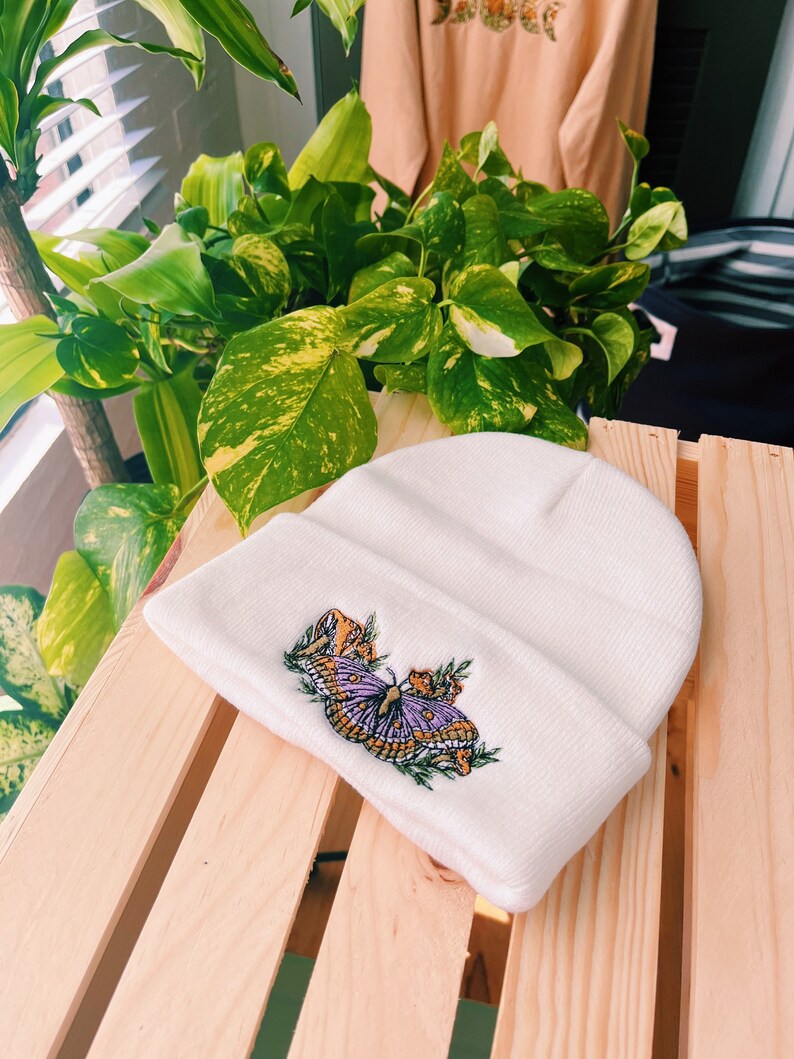 Mushroom Moth Embroidered Beanie Handmade Embroidered - Etsy