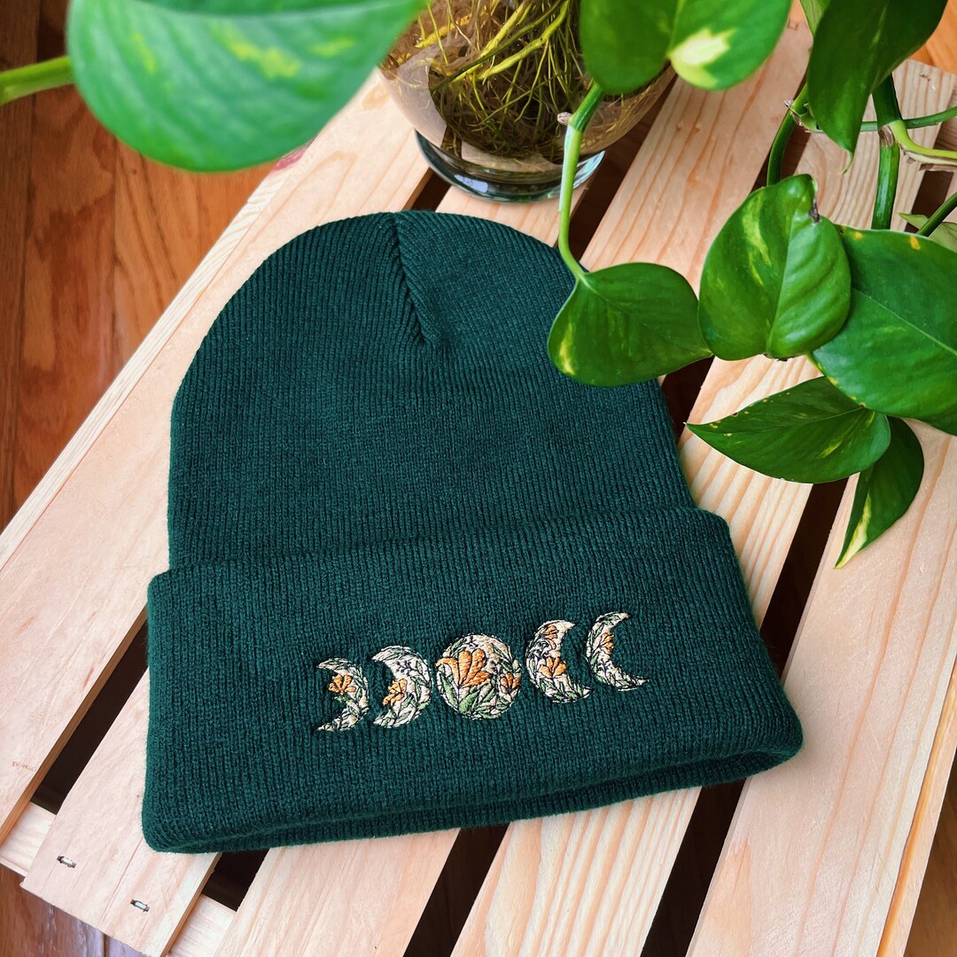 Floral Moon Phase Beanie - Embroidered Beanie - Boho Beanie - Winter ...