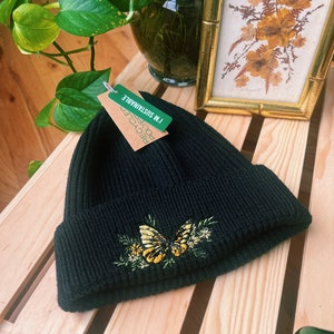 Black Rib Knit Embroidered Beanie - Winter Hat - Mushroom - Floral ...
